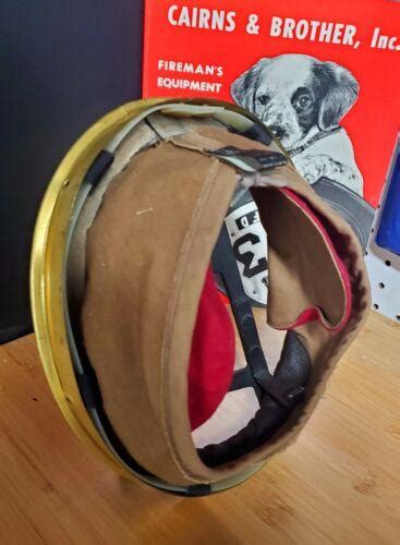 Vintage Cairns Leather Fire Helmet Brass Band And Liner Wflaps Nos