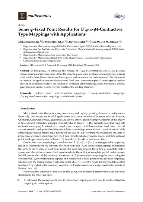 Pdf Mathematics Some ϕ Fixed Point Results For F ϕ α ψ Contractive Type Mappings With