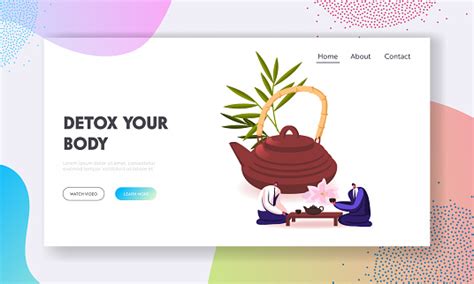 차 방문 페이지 템플릿을 마시는 남자 친구 환대와 차 파티 회의를 위해 제공하는 거대한 클레이 찻주전자에서 낮은 테이블에 앉아 작은 사업가 캐릭터 만화 사람들 벡터