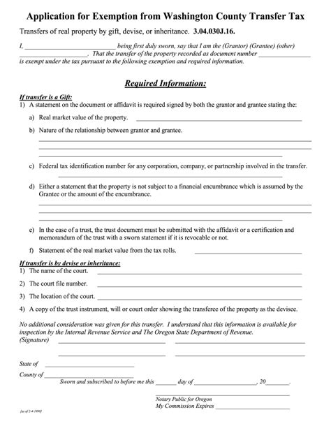 Application For Exemption From Washington County Transfer Tax Co