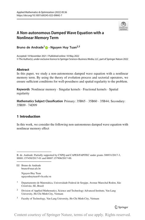 A Non Autonomous Damped Wave Equation With A Nonlinear Memory Term Request Pdf