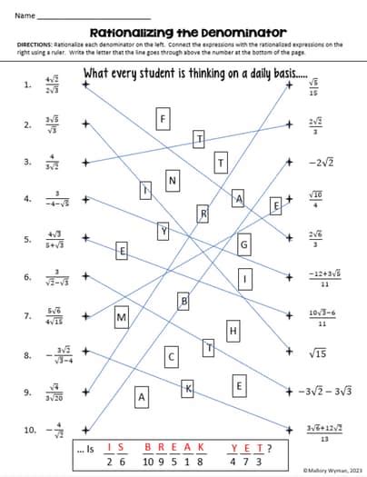 Rationalizing The Denominator Matching Worksheet Tpt