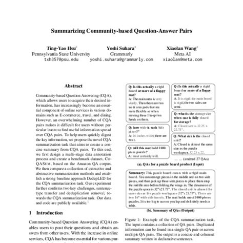 Summarizing Community Based Question Answer Pairs Acl Anthology