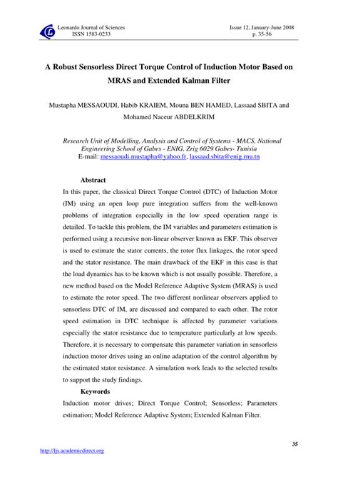 Pdf A Robust Sensorless Direct Torque Control Of Induction Motor Based On Mras And Extended