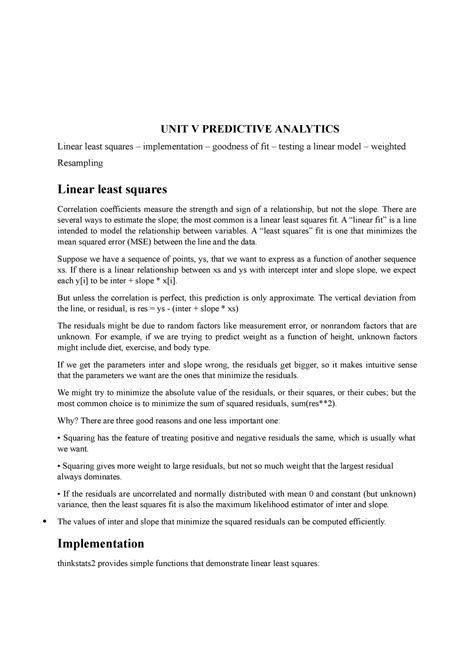 Fdsa Unit 5 Notes Unit V Predictive Analytics Linear Least Squares