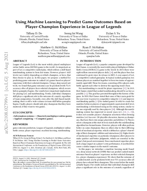 Pdf Using Machine Learning To Predict Game Outcomes Based On Player Champion Experience In