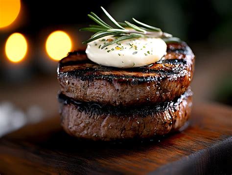 Stacked Grilled Filet Mignon Steaks With Herb Butter And Rosemary Garnish Stock Illustration