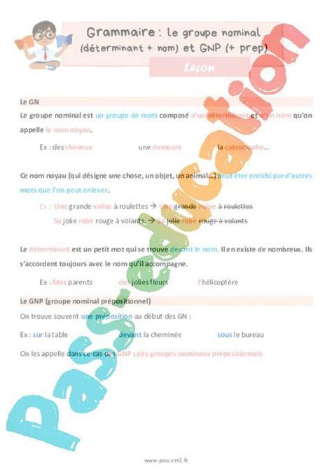 Groupe nominal déterminant nom et groupe nominal prépositionnel préposition déterminant