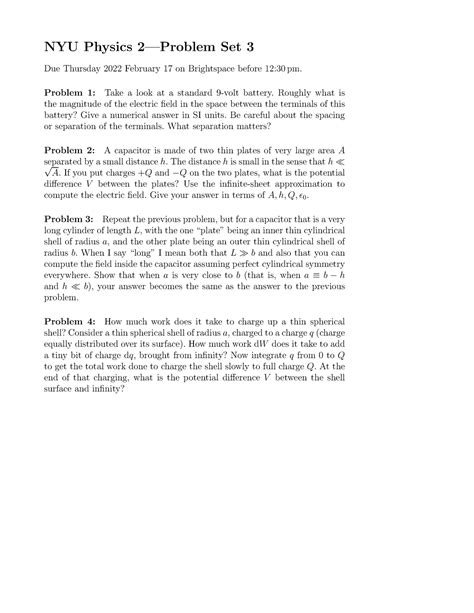 Physics 2 Problem Set 3 Nyu Physics 2—problem Set 3 Due Thursday 2022
