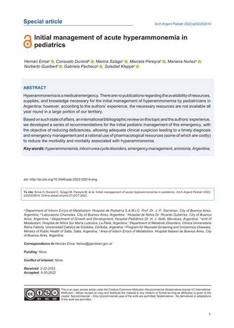 Pdf Recommendations On The Initial Management Of Acute Hyperammonemia
