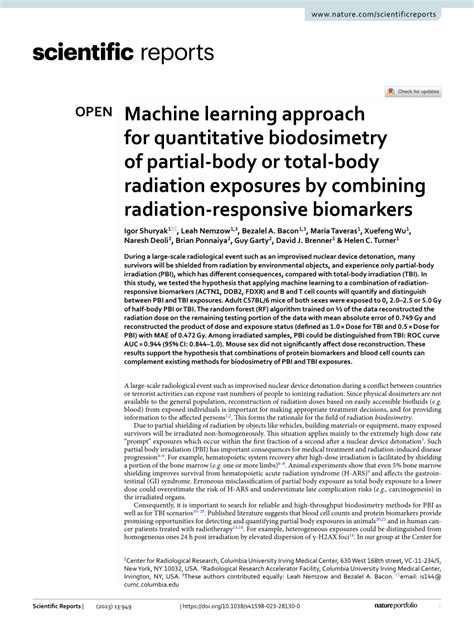 Pdf Machine Learning Approach For Quantitative Biodosimetry Of Partial Body Or Total Body