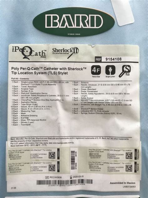 New Bard 9154108 Poly Per Q Cath Catheter Wsherlock Tls Stylet Full Kit 4f X Disposables