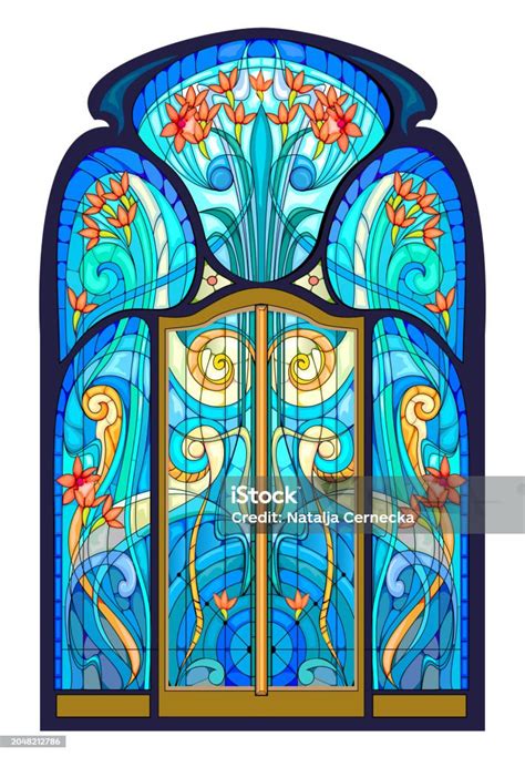 아름 다운 아르누보 스테인드 글라스 창입니다 럭셔리한 인테리어 디자인 벽지 배경 장식에 대 한 템플릿입니다 서유럽의 건축 벡터 그리기 Jugendstil 건축 스타일 건축에
