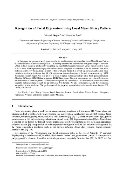 Pdf Recognition Of Facial Expressions Using Local Binary Patterns Of Important Facial Parts
