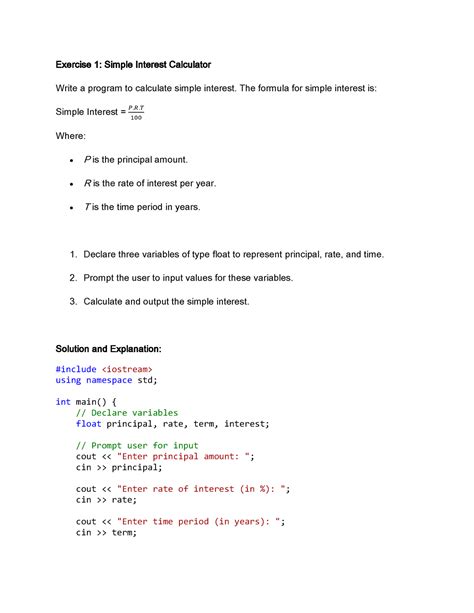 Simple C Operators Exercises Exercise 1 Simple Interest