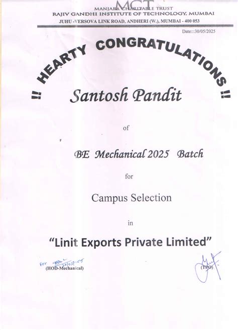 Campus Selection Notice For Linit Exports Pvt Limited 2025