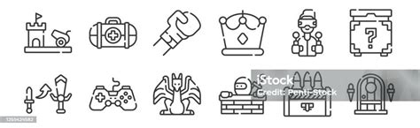 선형 비디오 게임 아이콘 12 세트 던전 액션 게임 게임 컨트롤러 게이머 격투 게임 웹 모바일에 대한 응급 처치와 같은 얇은 윤곽 아이콘 Brand Name Video