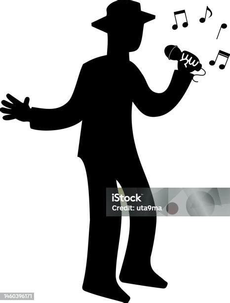 마이크와 음표 일러스트 자료로 노래하는 남자의 실루엣 노래방기계에 대한 스톡 벡터 아트 및 기타 이미지 노래방기계 흰색 배경 Enka Music Istock