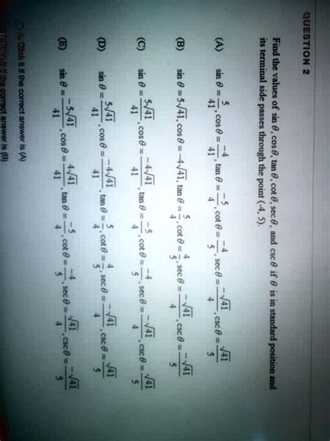 SOLVED Find The Values Of Sin Theta Cos Theta Tan Theta Cot Theta Sec Theta And Csc Theta