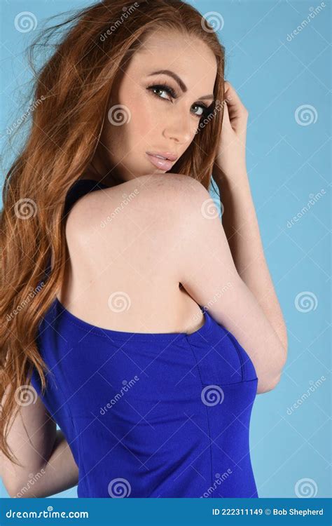Beautiful Tall Slim Redhead Model In A Blue Dress Stock Image