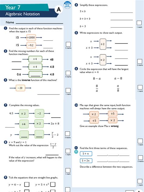 Year 7 Autumn 2 Algebraic Notation Mini Assessment A 2 Pdf Function