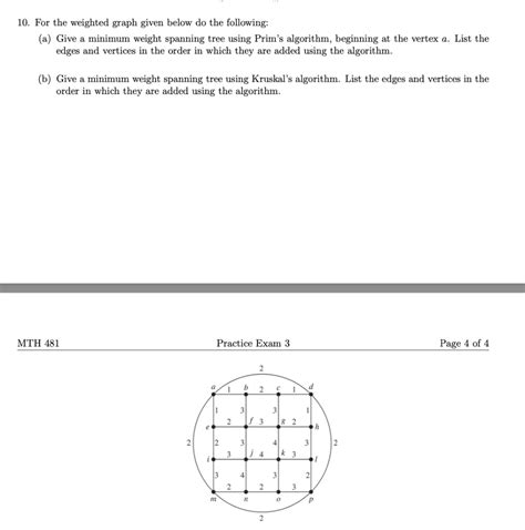 Solved 10 For The Weighted Graph Given Below Do The
