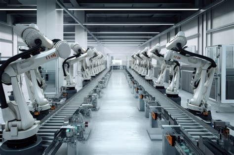 Robotic Assembly Line With Row Of Identical Products Being Assembled For Mass Production Stock
