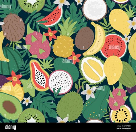 Vector Seamless Pattern With Tropical Fruit And Berries With Slices And