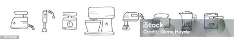 주방 가전 제품 아이콘을 설정합니다 손으로 그린 낙서 스타일 간단한 그리기 고기에 대한 스톡 벡터 아트 및 기타 이미지 고기 기계류 낙서 드로잉 Istock