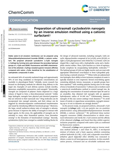 Pdf Preparation Of Ultrasmall Cyclodextrin Nanogels By An Inverse