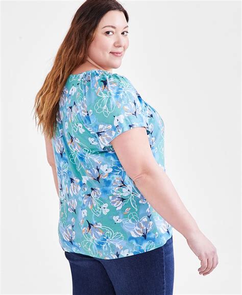 Style And Co Plus Size Printed Pleated Neck Top Created For Macys Macys