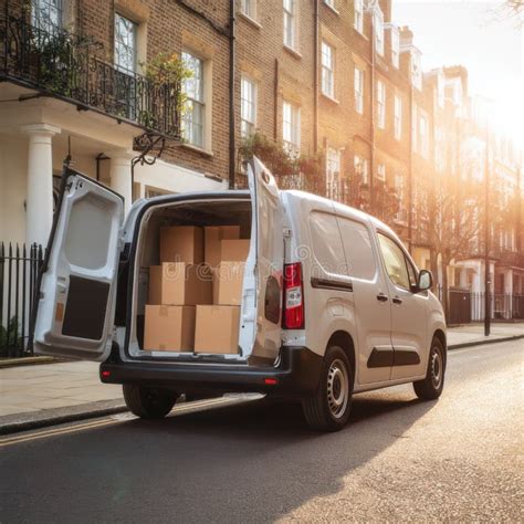 Delivery Van Parked On City Street With Boxes In The Back During Golden