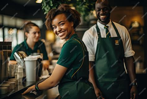 Premium Photo Coffeeshop Servers On The Counter Smile And Look Interested