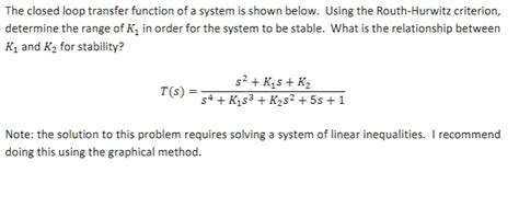 Solved The Closed Loop Transfer Function Of A System Is Shown Below Using The Routh Hurwitz