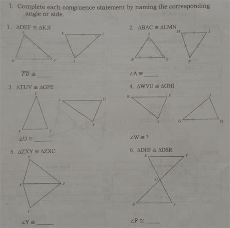 Solved I Complete Each Congruence Statement By Naming The Corresponding Angle Or Side 1