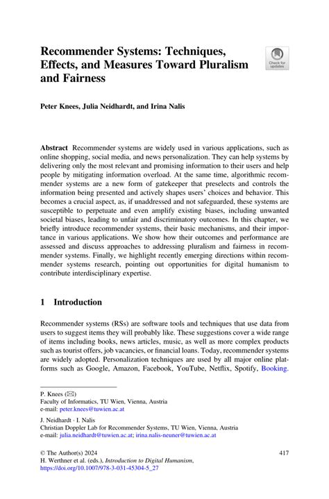 Pdf Recommender Systems Techniques Effects And Measures Toward Pluralism And Fairness