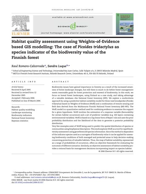 Pdf Habitat Quality Assessment Using Weights Of Evidence Based Gis