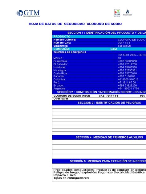 Hoja De Seguridad Cloruro De Sodio Pdf Solubilidad Seguridad Y
