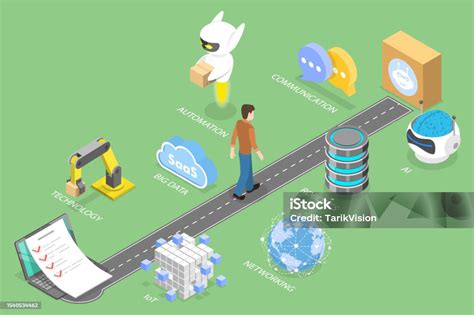 디지털 혁신의 3d 이소메트릭 플랫 벡터 개념 적 그림 3차원 형태에 대한 스톡 벡터 아트 및 기타 이미지 3차원 형태