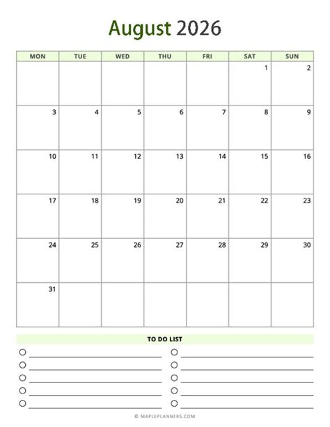 August 2026 Monthly Calendar Printable Monday Start