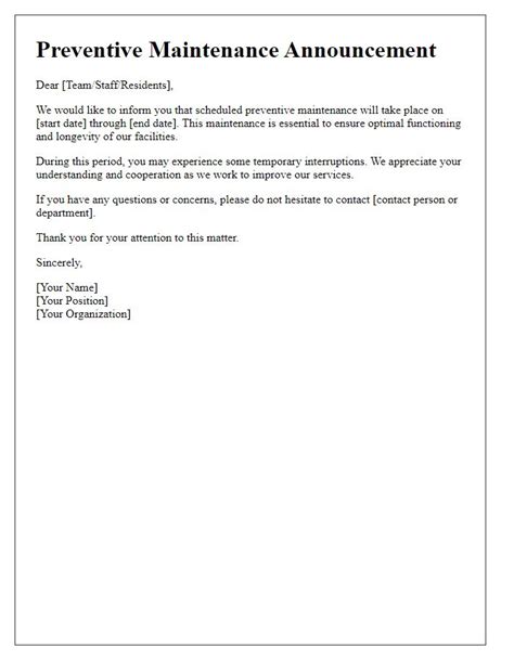 Letter Template For Scheduled Maintenance Announcement Free Samples