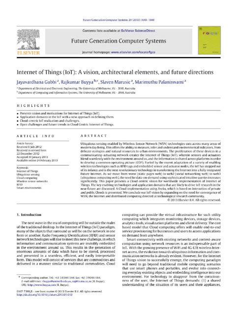 Internet Of Things Iot A Vision Architectural Elements And Future