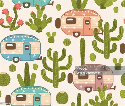 애리조나 사막 빈티지 캠핑카 완벽 한 패턴 벡터 일러스트 레이 션 반복 디자인 인쇄 여행용 트레일러에 대한 스톡 벡터 아트 및 기타 이미지 여행용 트레일러 연속무늬