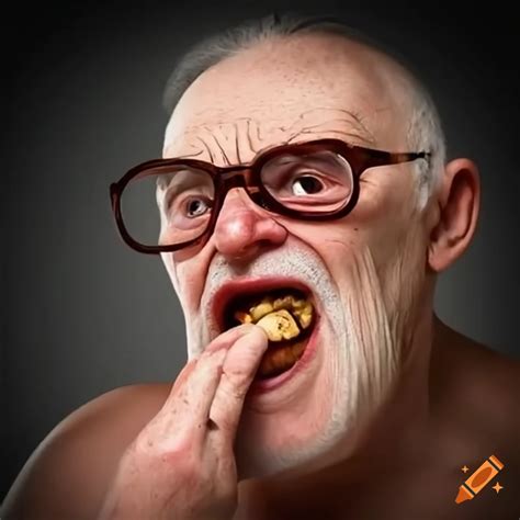 Elderly Man With Large Glasses And Hunchback Eating Mushrooms On Craiyon