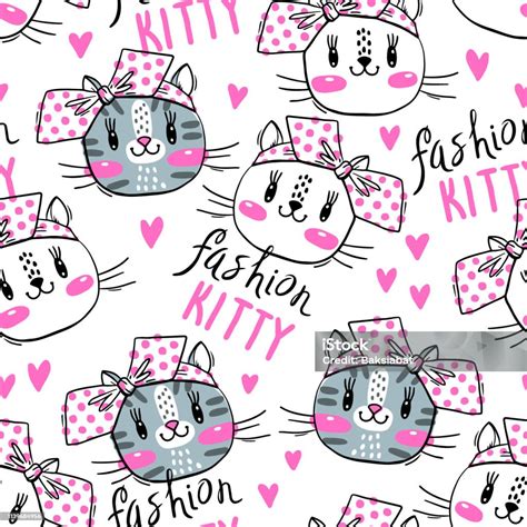 고양이와 활의 귀여운 Fase와 완벽 한 패턴입니다 패션 귀 엽 다 키티 벡터 일러스트 0명에 대한 스톡 벡터 아트 및 기타 이미지 0명 Fashion Show