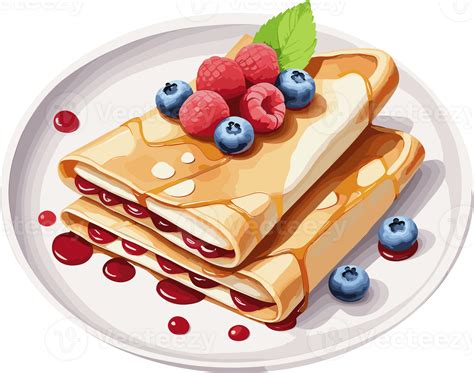 Watercolor Style Of Delicious Crepes With Berry Fruits And Sauce