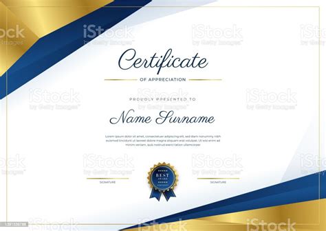 현대 우아한 파란색과 금색 인증서 골드 배지와 테두리가있는 업적 템플릿 졸업장 상 비즈니스 대학 학교 및 기업을 위해