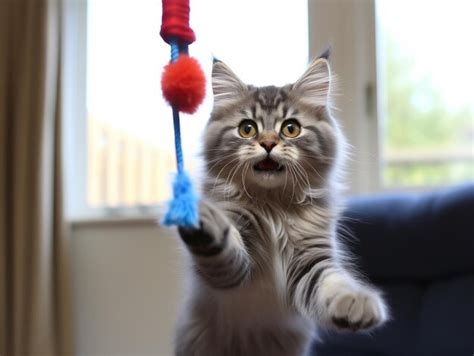 Premium Ai Image Mischievous Kitten Playfully Swatting At A Dangling Toy