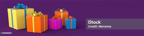 보라색 스튜디오 배경에 리본 활과 사실적인 선물 상자의 3d 렌더링 파티 홍보 소셜 미디어 배너 포스터를위한 빈 공간 수평 배너 0명에 대한 스톡 사진 및 기타 이미지