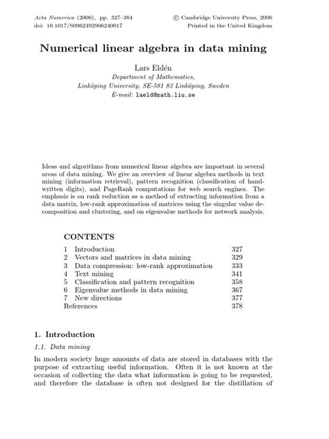 Numerical Linear Algebra In Data Mining Lars Eld En Pdf Principal Component Analysis